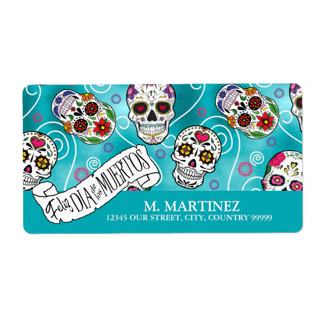Sugar Skulls and Swirls Turquoise ID725 Label | Zazzle