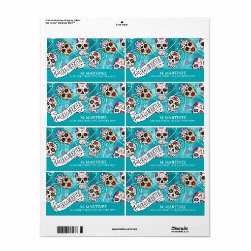 Sugar Skulls and Swirls Turquoise ID725 Label | Zazzle