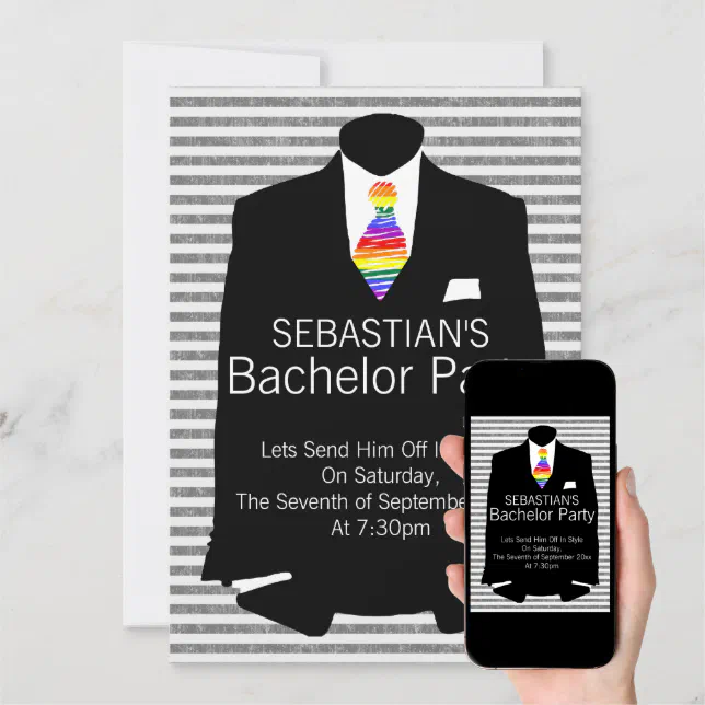 Suit and Rainbow Tie Gay Bachelor Party Invitation | Zazzle