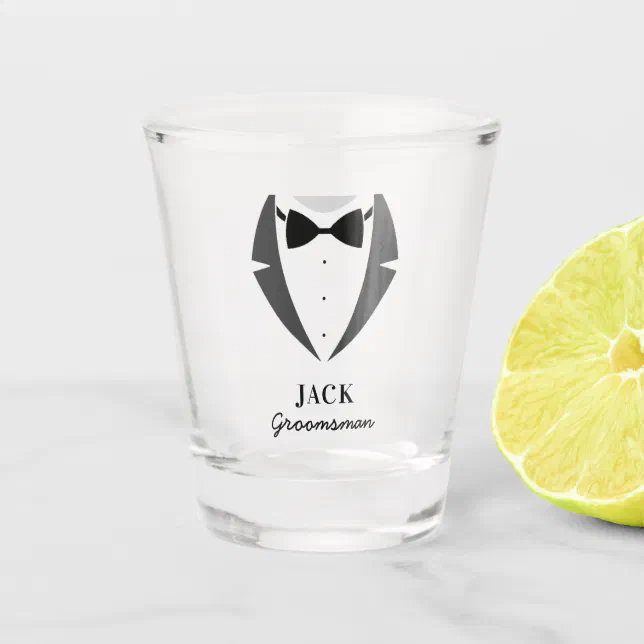 Suit up groomsman best man shot glass | Zazzle