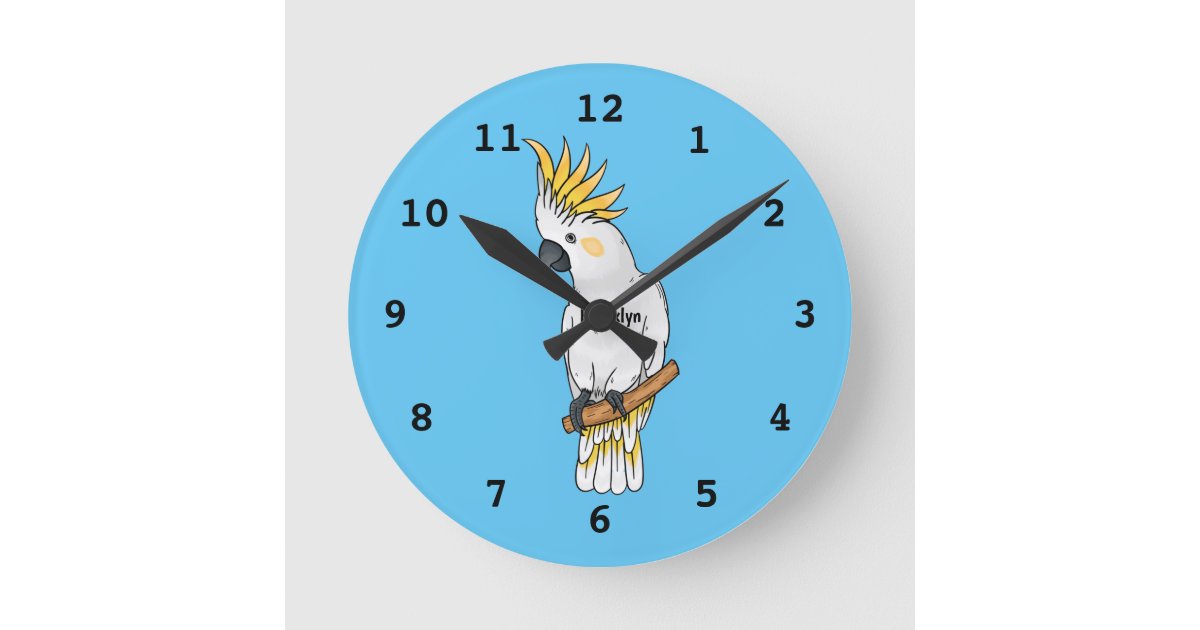 Sulfur-crested cockatoo bird cartoon illustration round clock | Zazzle