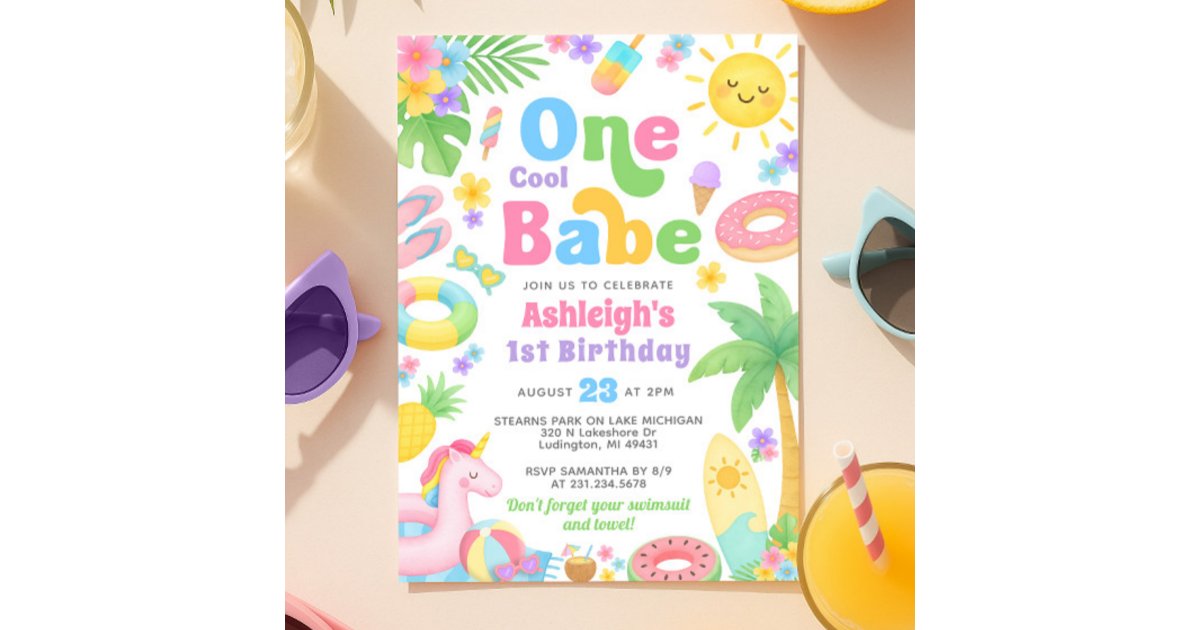Summer 1st Birthday Invitation - One Cool Babe | Zazzle