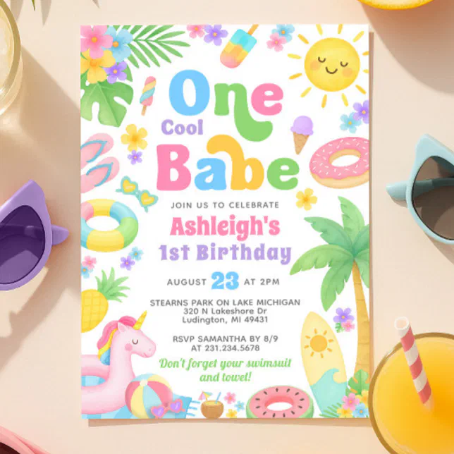 Summer 1st Birthday Invitation - One Cool Babe | Zazzle