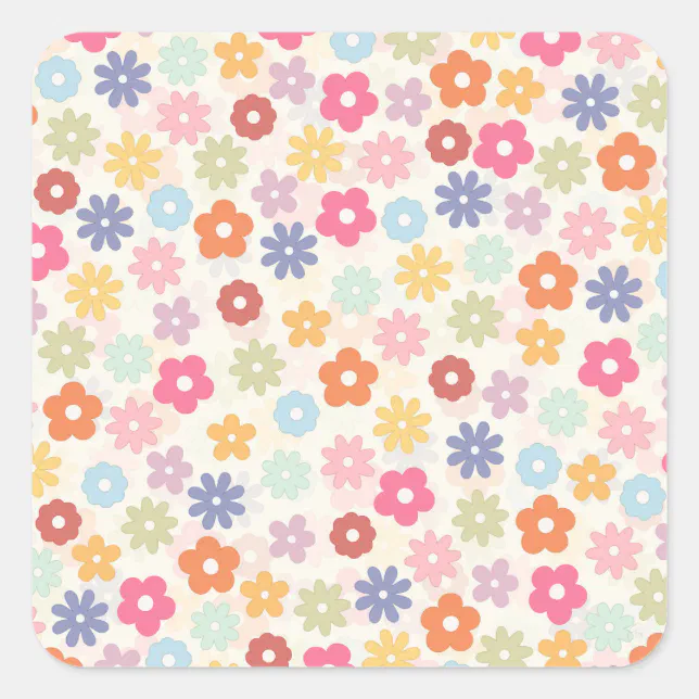 Summer 70’s Boho Retro Daisy Flowers Square Sticker | Zazzle