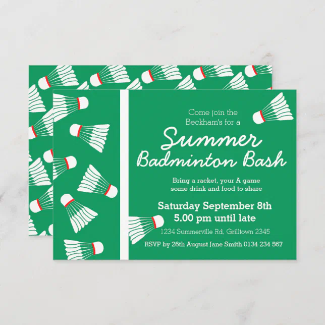 Summer badminton bash party invite green & white | Zazzle