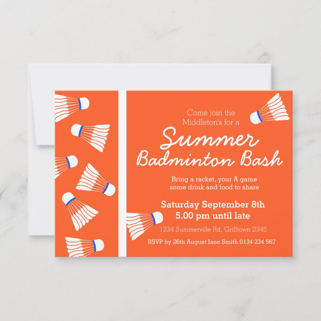 Summer badminton bash party invite orange & white | Zazzle