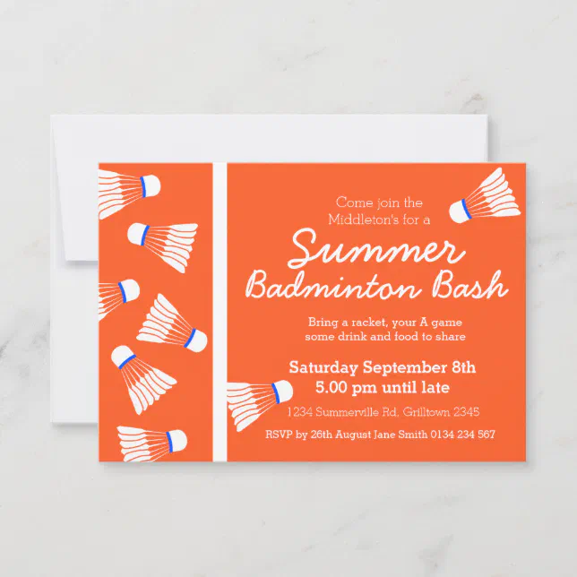 Summer badminton bash party invite orange & white | Zazzle
