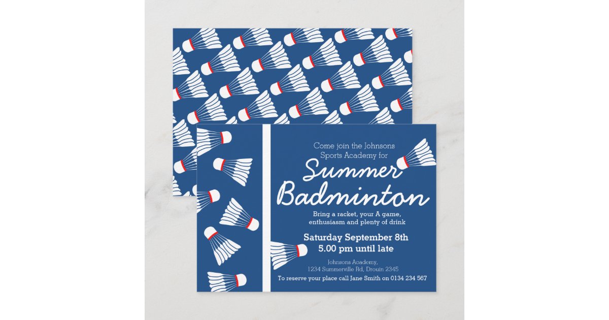 Summer badminton event invite blue & white | Zazzle