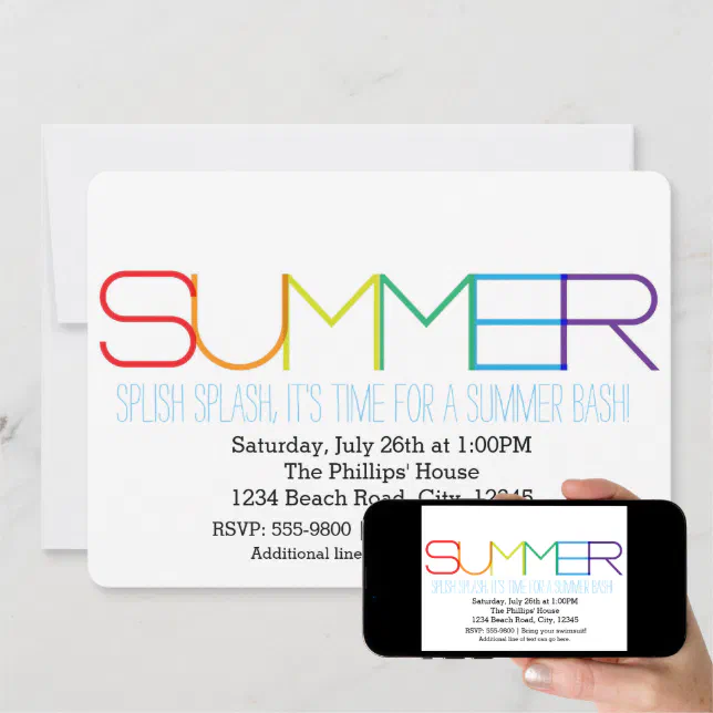 SUMMER Bash Typography Rainbow Party Invitations | Zazzle