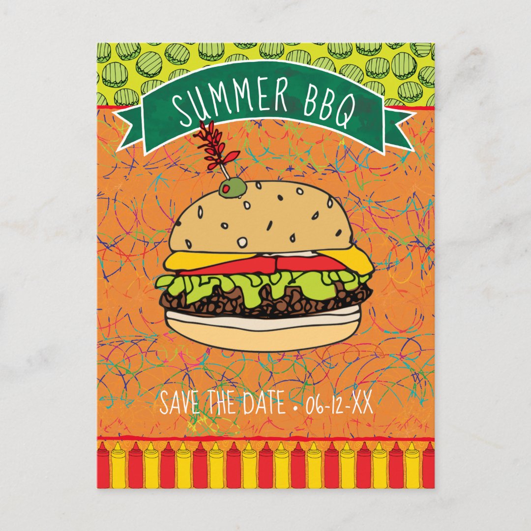 Summer BBQ Hamburger Save the Date Invitation Postcard | Zazzle