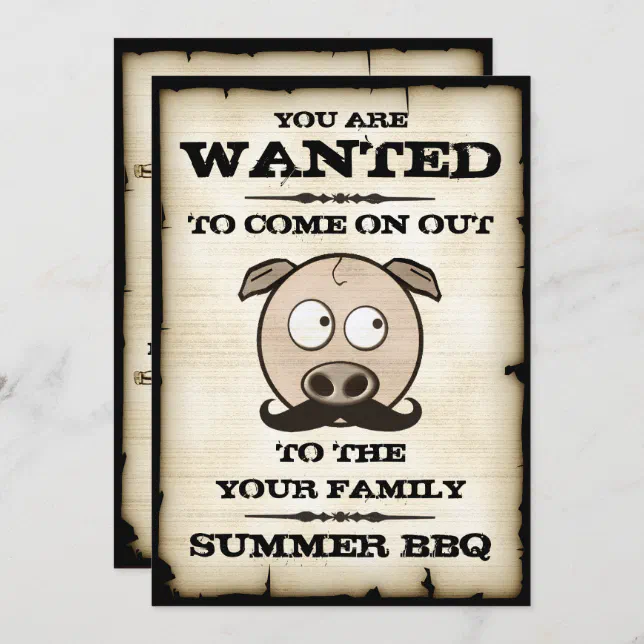 Summer BBQ Mustache Pig Wanted Invitations | Zazzle
