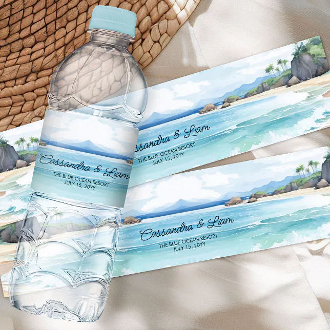 Summer Beach Blue Ocean Seascape Wedding Water Bottle Label | Zazzle