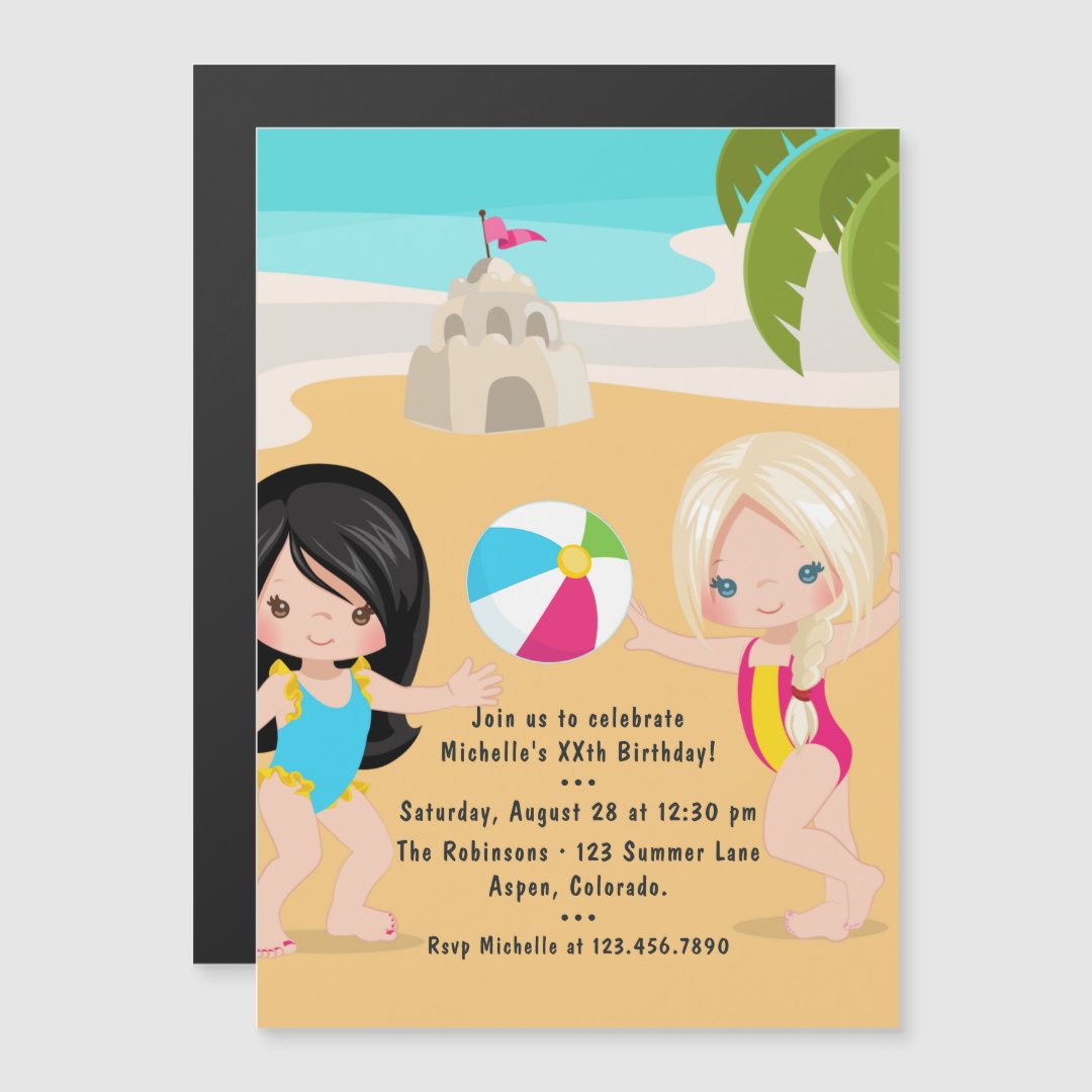 Summer Beach Girl Birthday Party Magnetic Invitation | Zazzle