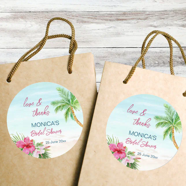 Summer beach tropical bridal shower favor classic round sticker | Zazzle