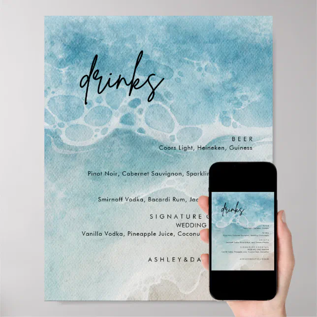 Summer Beach Wedding Large Drinks Bar Menu Poster | Zazzle