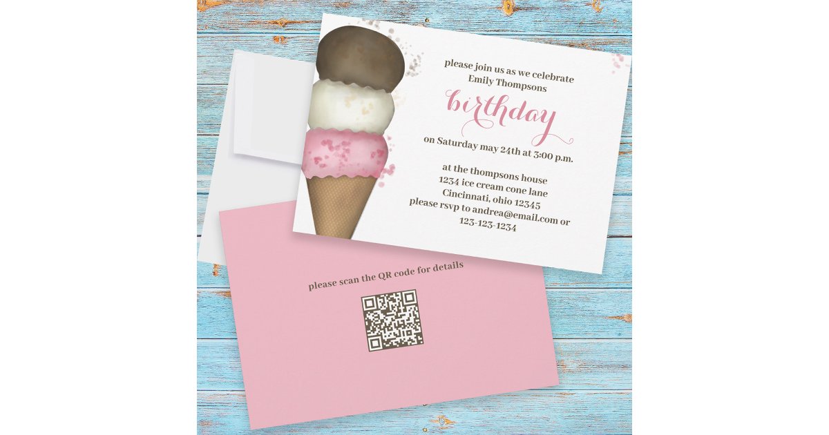 Summer Birthday Party Cute Ice Cream Cone Invitation | Zazzle