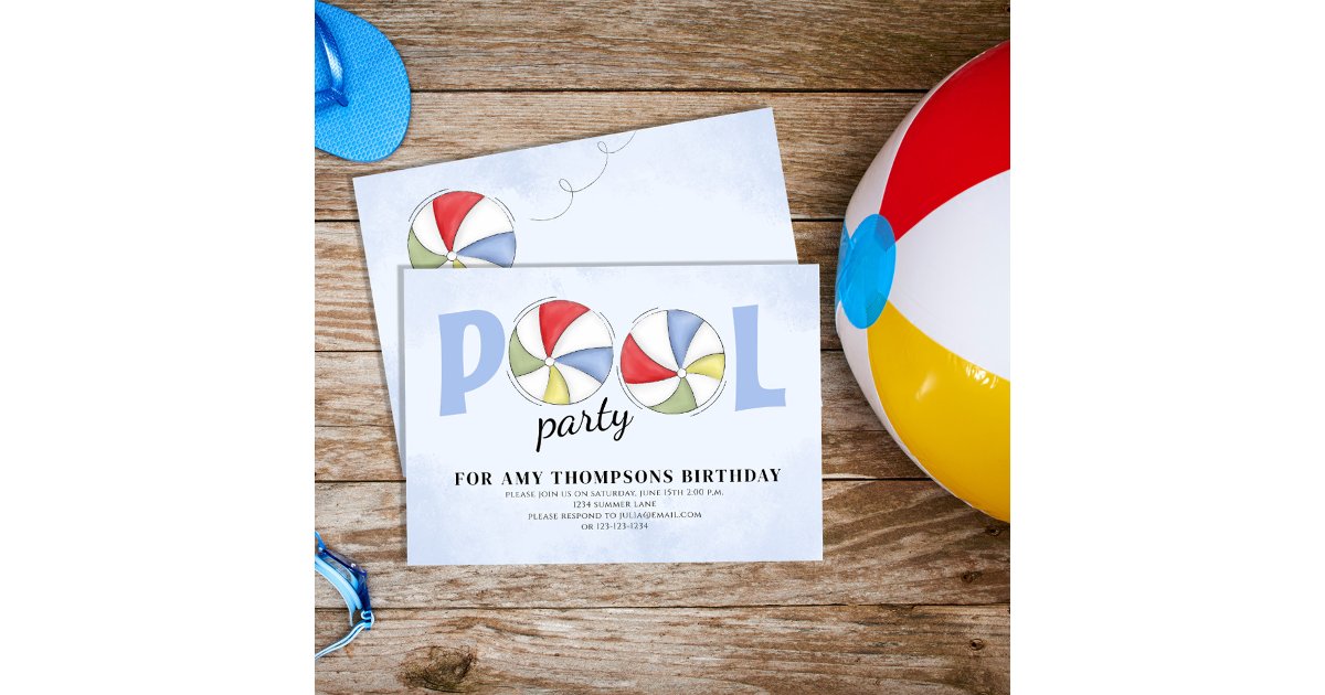 Summer Birthday Pool Party Beach Balls Invitation | Zazzle