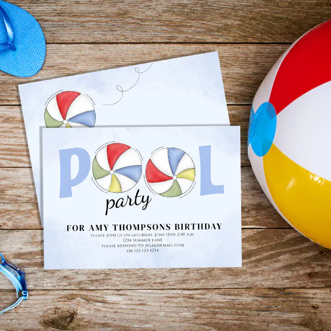 Summer Birthday Pool Party Beach Balls Invitation | Zazzle