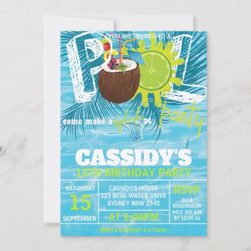 Summer Birthday Pool Party coconut Invitation | Zazzle