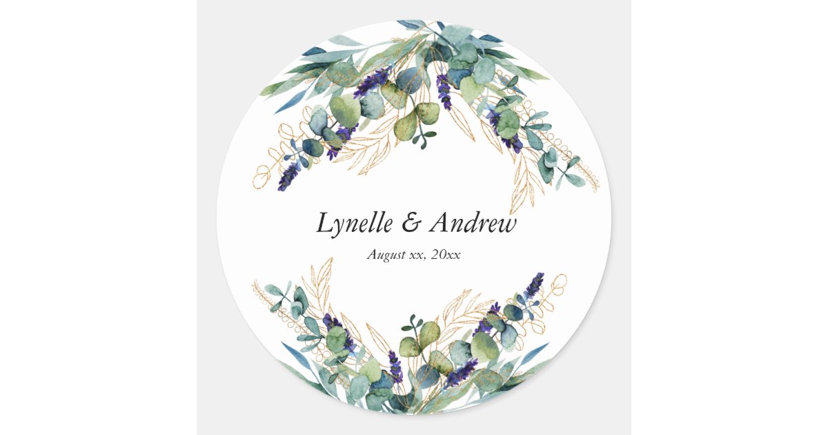 Summer, Blue, Green, Watercolor Floral Wedding Classic Round Sticker ...