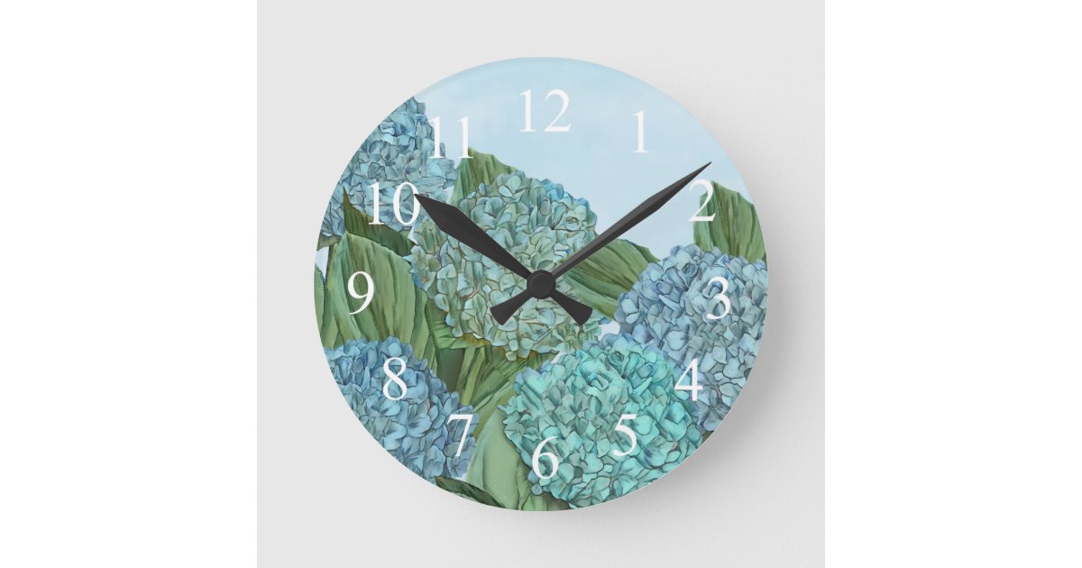 Summer Blue Hydrangea Bouquet Round Clock | Zazzle