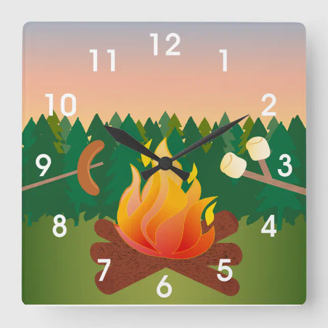 Summer Camp Marshmallow Smores Square Wall Clock | Zazzle