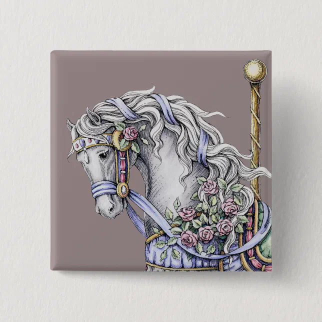 Summer Carousel Horse Drawing Square Button | Zazzle