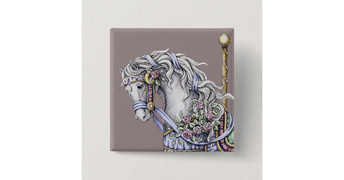Summer Carousel Horse Drawing Square Button | Zazzle