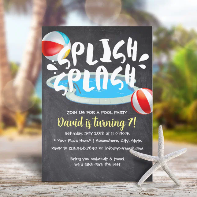 Summer ChalkBoard Pool Birthday Party Invitation | Zazzle