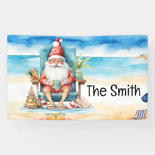 Summer Christmas in July Santa Claus on beach Banner | Zazzle
