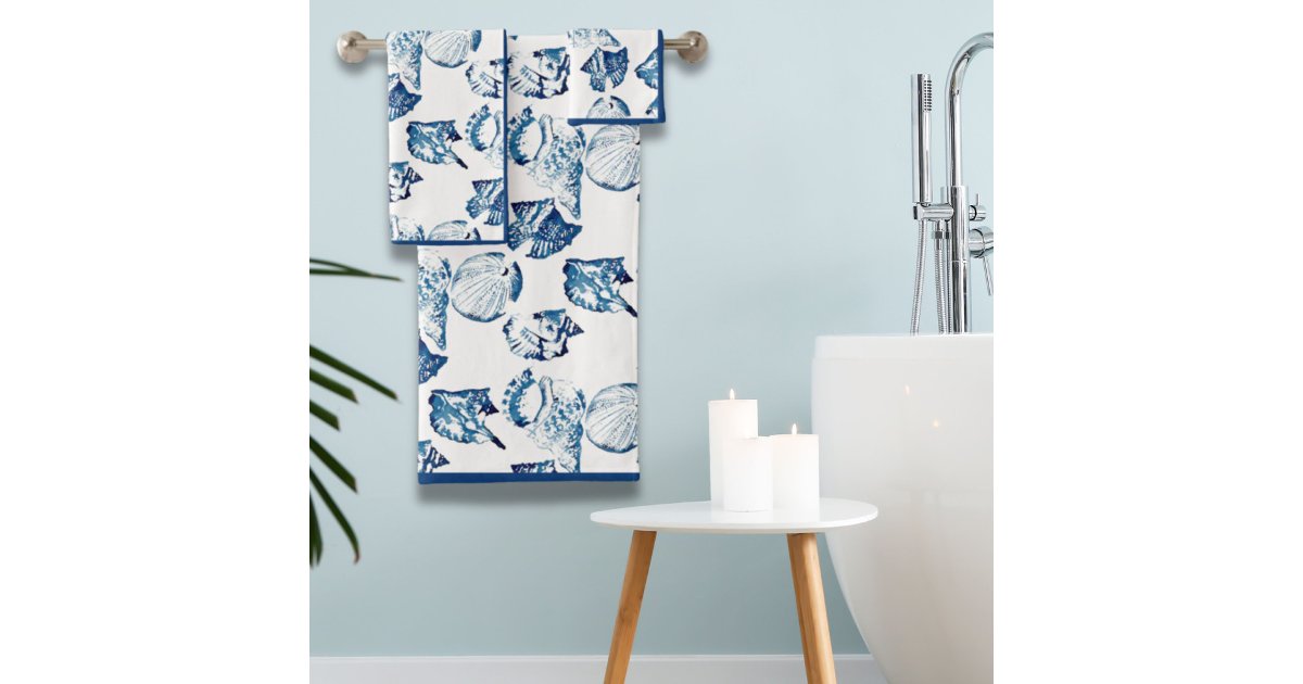 Summer Coastal Beach Seaside Navy Blue Seashell Bath Towel Set | Zazzle