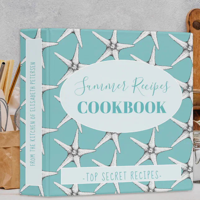 Summer cookbook starfish pattern blue recipes 3 ring binder | Zazzle