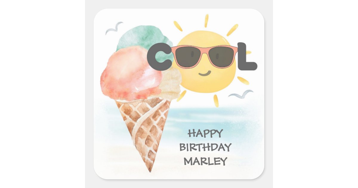 Summer Cool | Tropical Beach Ice Cream Birthday Square Sticker | Zazzle
