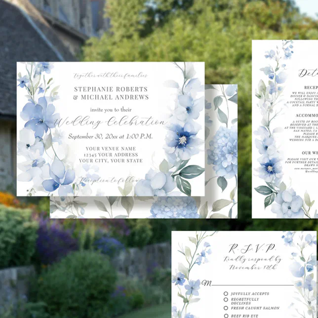 Summer Floral Blue and White Elegant Wedding Invitation | Zazzle