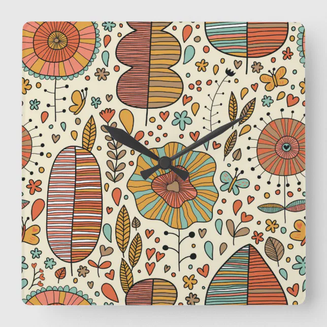 Summer floral pattern made of leaves square wall clock | Zazzle