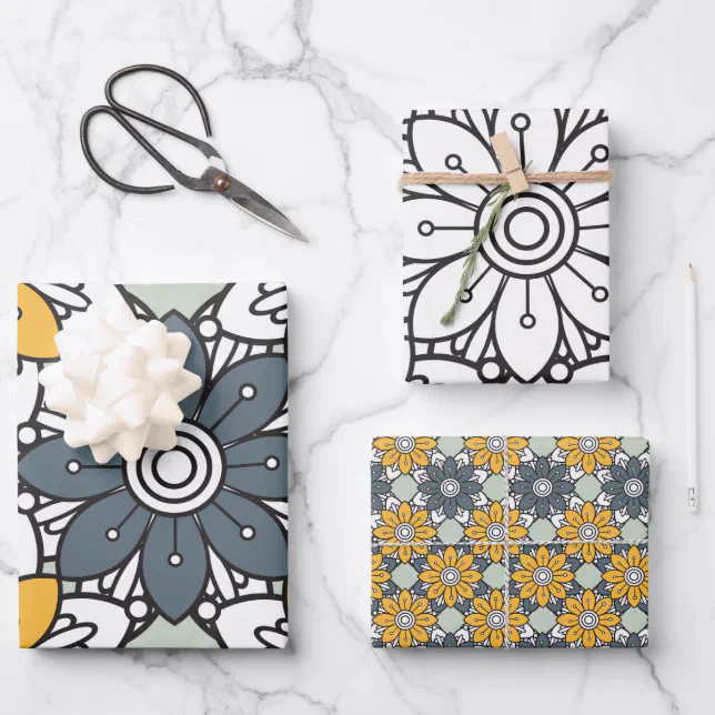 Summer Flower Pattern Yellow Grey Wrapping Paper Sheets | Zazzle