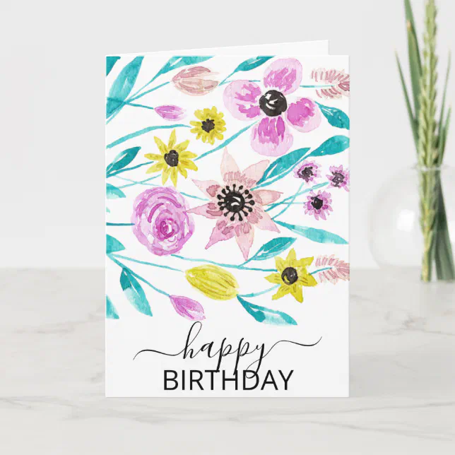 Summer Flowers Leaves Watercolor Happy Birthday Card | Zazzle