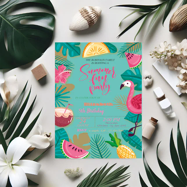 Summer, Fruits, Palm Leaf Flamingo Birthday Party Invitation | Zazzle
