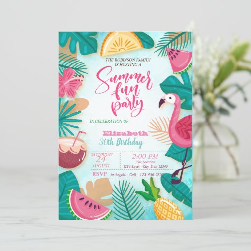 Summer, Fruits, Palm Leaf Pool Birthday Party Invitation | Zazzle