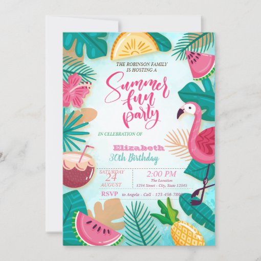 Summer, Fruits, Palm Leaf Pool Birthday Party Invitation | Zazzle