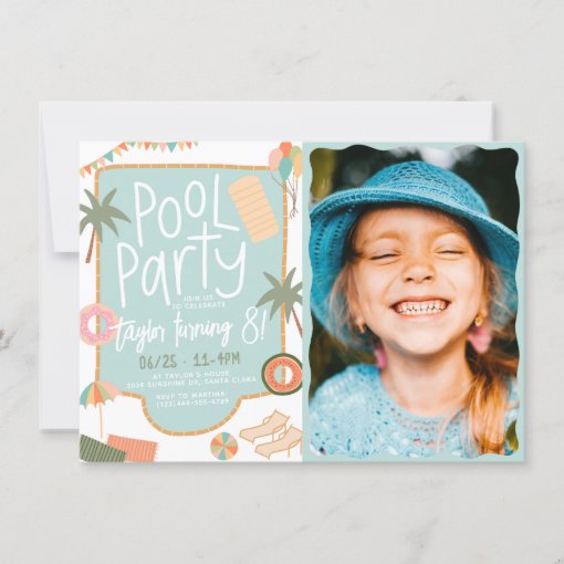 Summer Fun Cute Pool Party Girl Birthday Photo Invitation | Zazzle