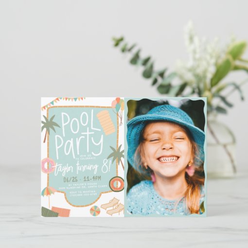 Summer Fun Cute Pool Party Girl Birthday Photo Invitation | Zazzle