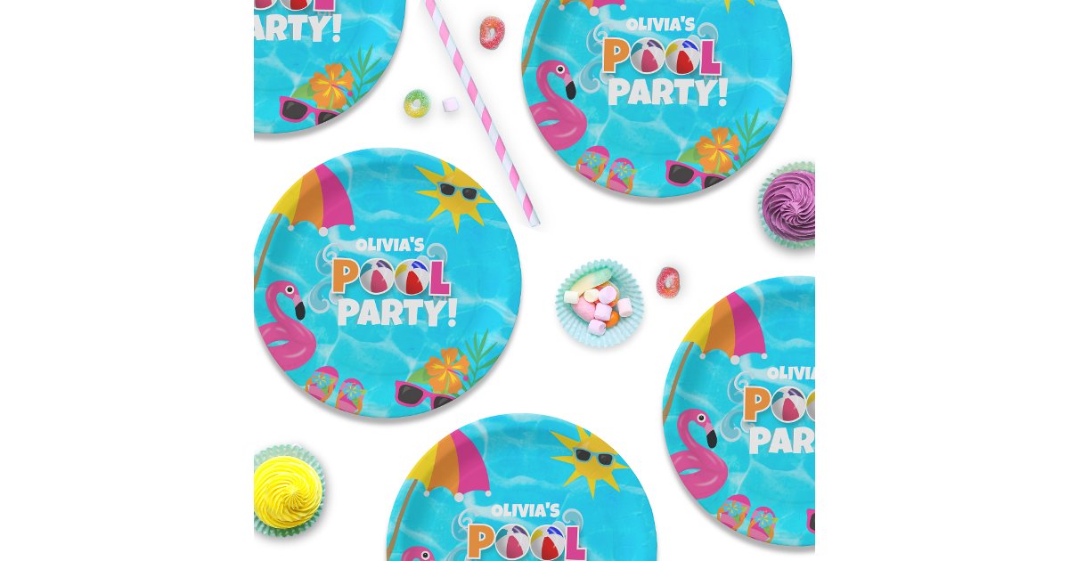 Summer Fun Pool Party Custom Name Paper Plates | Zazzle