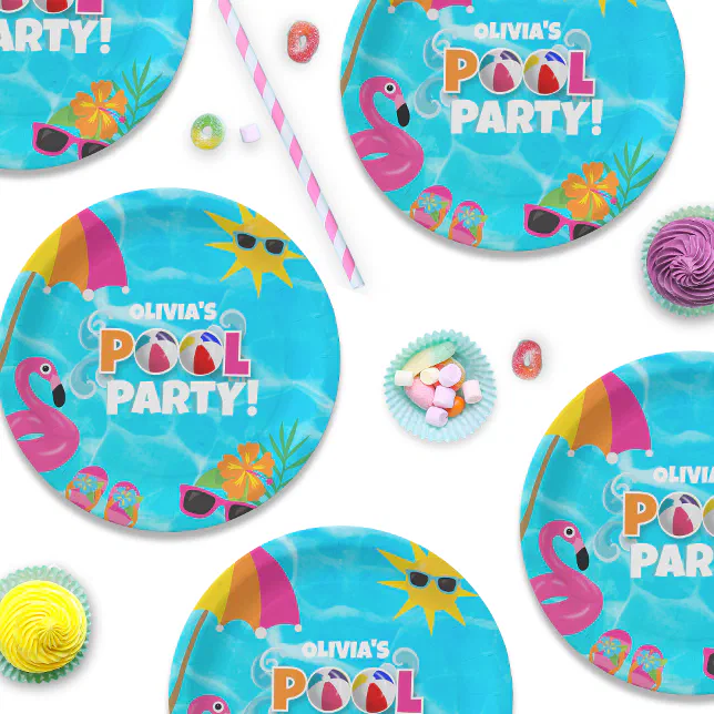 Summer Fun Pool Party Custom Name Paper Plates | Zazzle