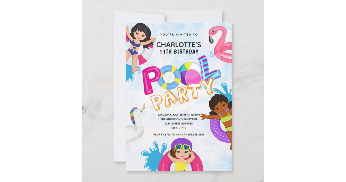 Summer Girls 11th Birthday Pool Party Invitation | Zazzle