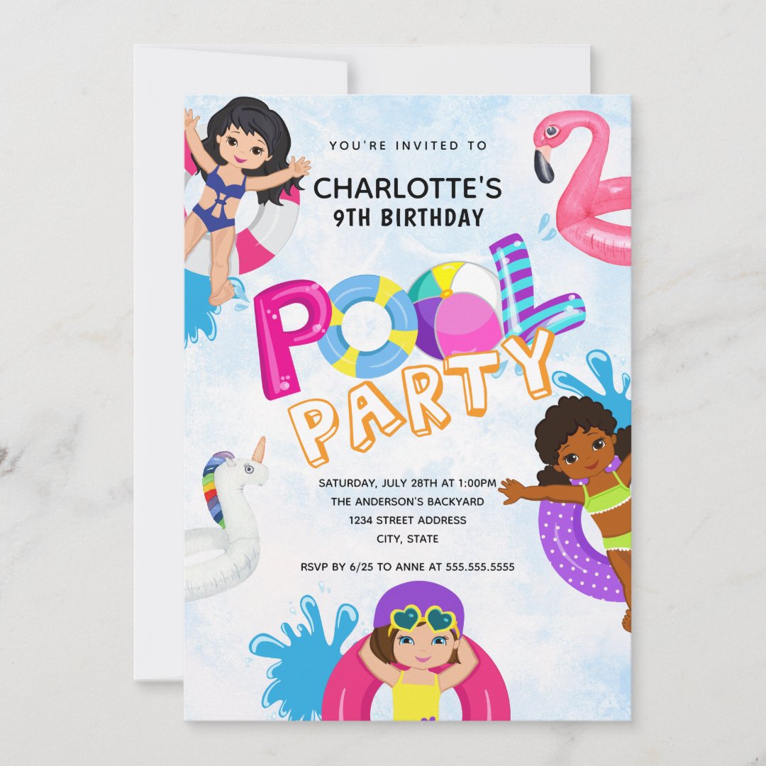 Summer Girls 9th Birthday Pool Party Invitation | Zazzle