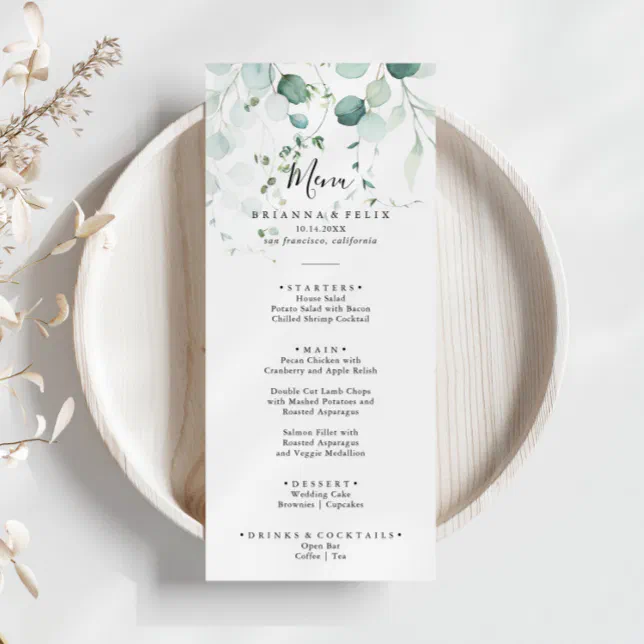 Summer Green Eucalyptus Foliage Dinner Menu | Zazzle
