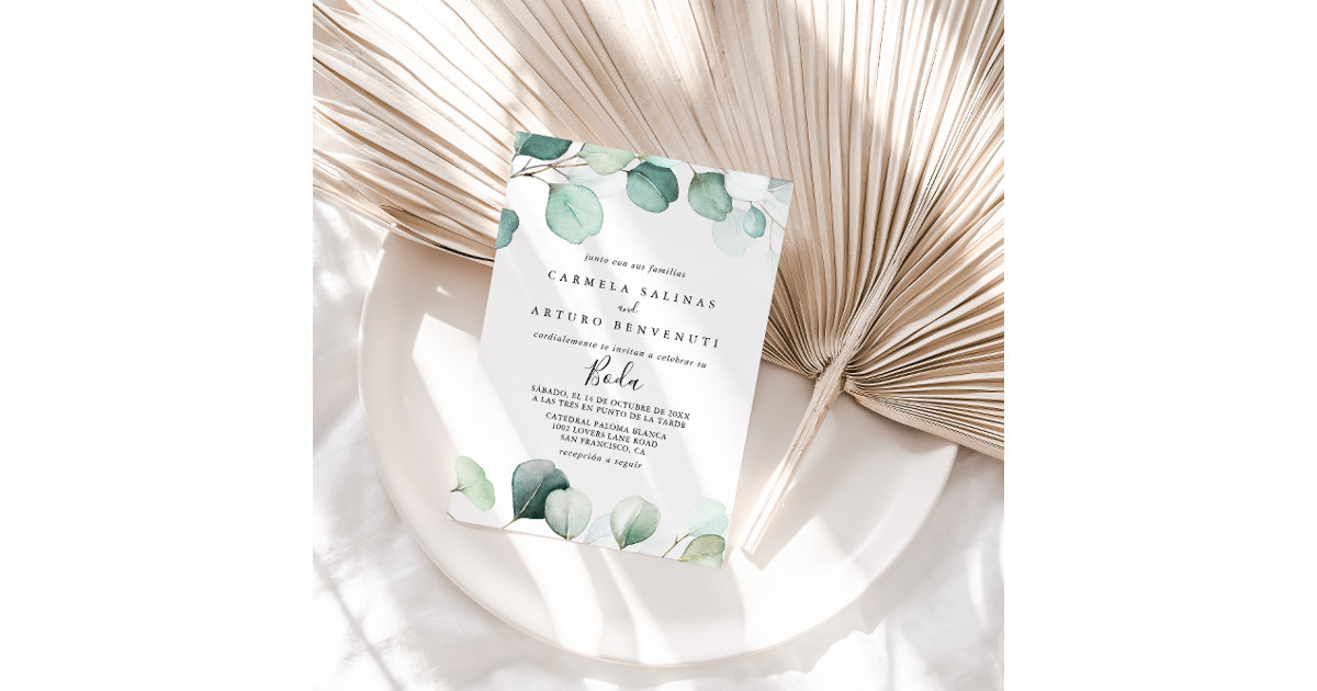 Summer Green Eucalyptus Foliage Spanish Wedding Invitation | Zazzle