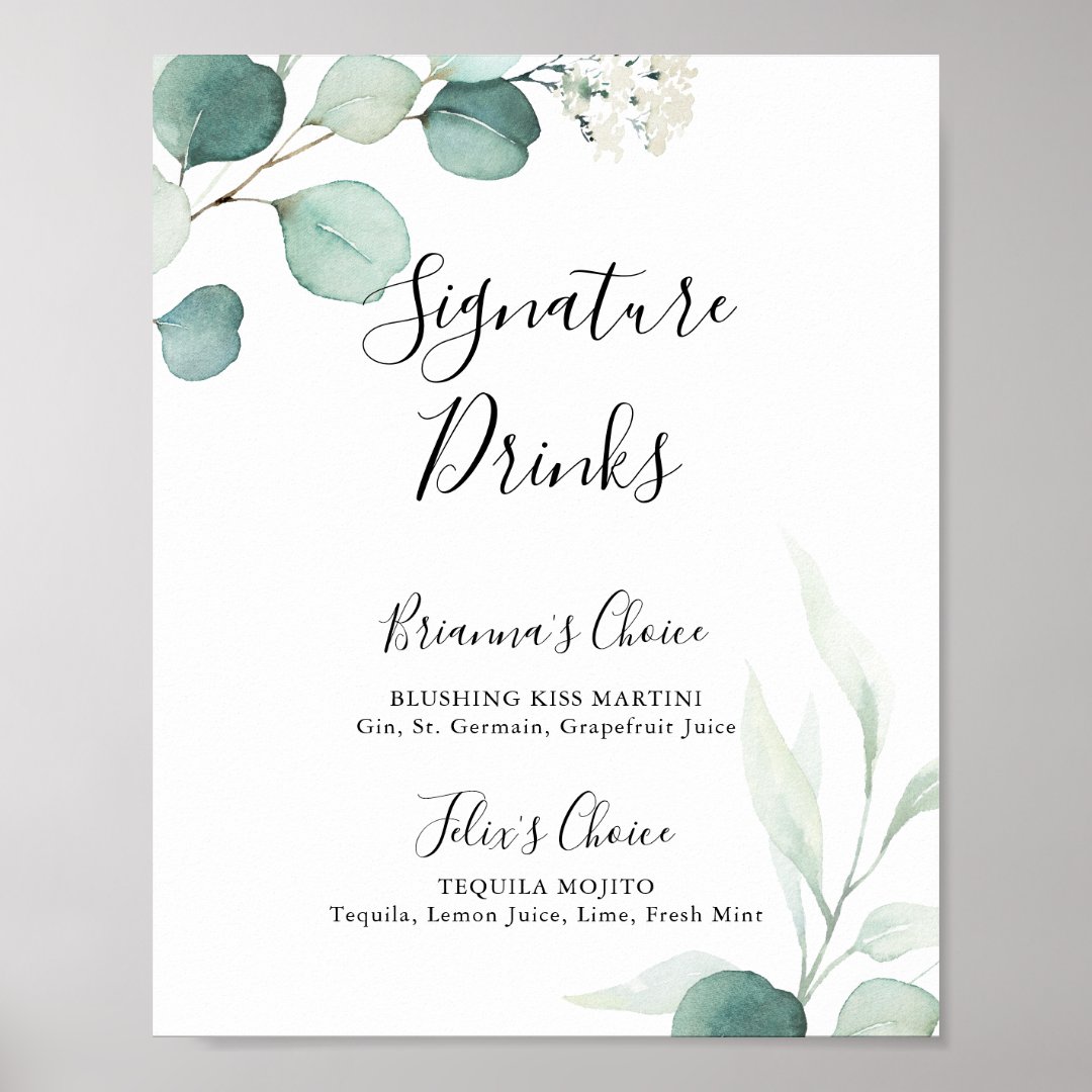 Summer Green Eucalyptus Signature Drinks Sign | Zazzle