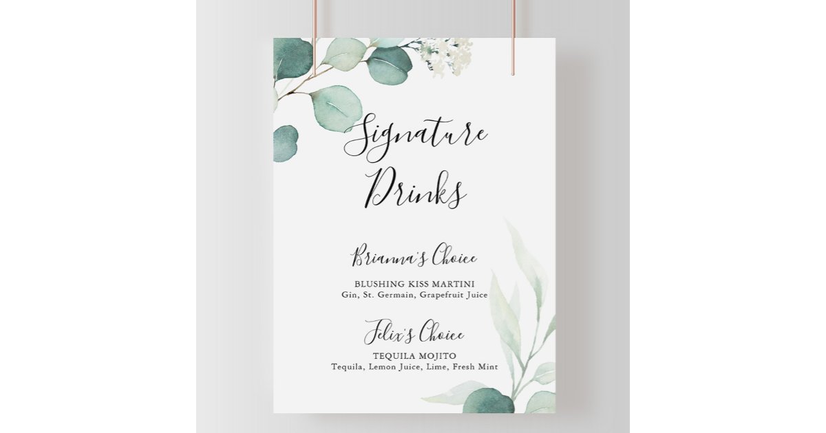 Summer Green Eucalyptus Signature Drinks Sign | Zazzle